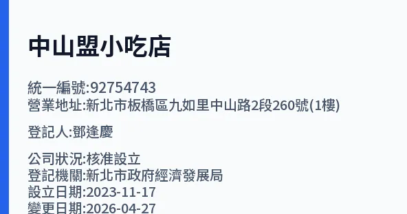中山盟小吃店的照片-統編 92754743(新北市) 公司登記資料與營業項目詳細圖表