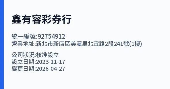 鑫有容彩券行的照片-統編 92754912(新北市) 公司登記資料與營業項目詳細圖表
