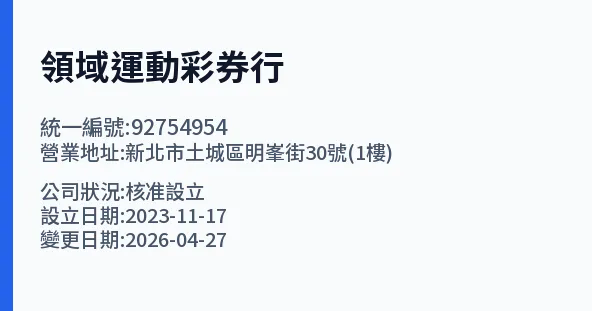 領域運動彩券行的照片-統編 92754954(新北市) 公司登記資料與營業項目詳細圖表