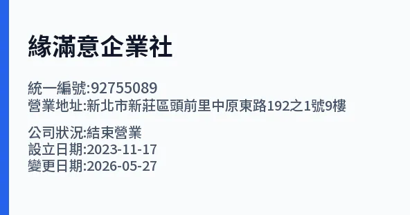緣滿意企業社的照片-統編 92755089(新北市) 公司登記資料與營業項目詳細圖表