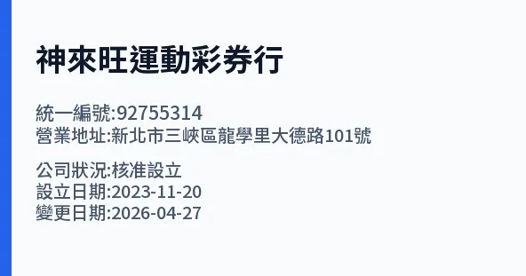 神來旺運動彩券行的照片-統編 92755314(新北市) 公司登記資料與營業項目詳細圖表