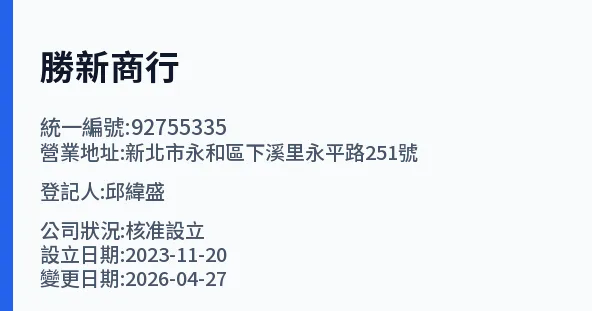 勝新商行的照片-統編 92755335(新北市) 公司登記資料與營業項目詳細圖表