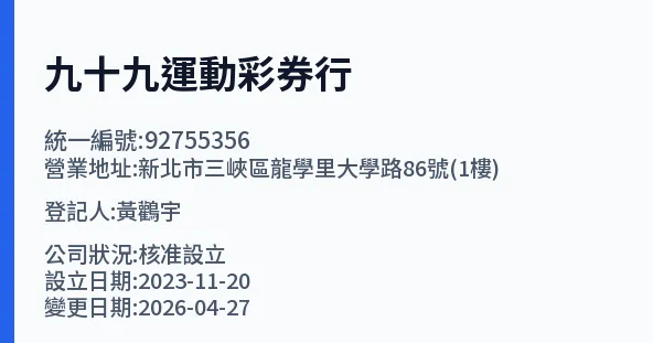 九十九運動彩券行的照片-統編 92755356(新北市) 公司登記資料與營業項目詳細圖表
