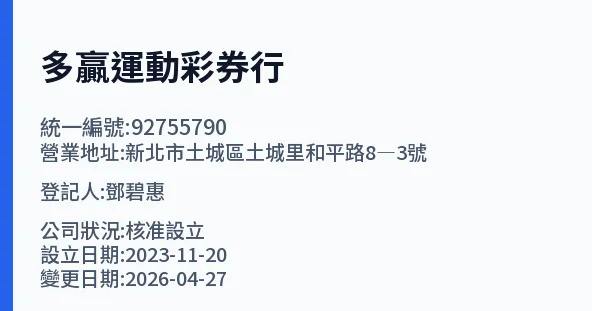 多贏運動彩券行的照片-統編 92755790(新北市) 公司登記資料與營業項目詳細圖表