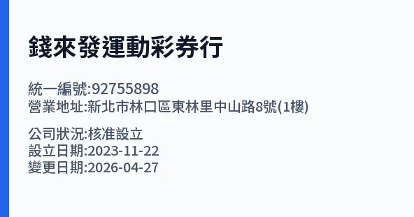 錢來發運動彩券行的照片-統編 92755898(新北市) 公司登記資料與營業項目詳細圖表
