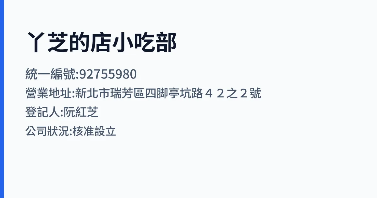 丫芝的店小吃部 - 統編 92755980(新北市) 公司登記資料與營業項目詳細圖表