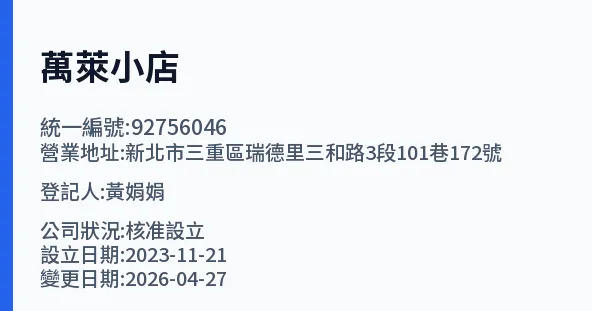 萬萊小店的照片-統編 92756046(新北市) 公司登記資料與營業項目詳細圖表