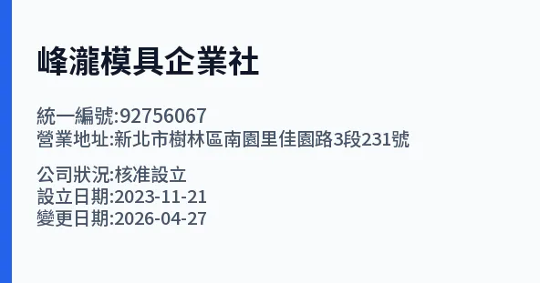 峰瀧模具企業社的照片-統編 92756067(新北市) 公司登記資料與營業項目詳細圖表
