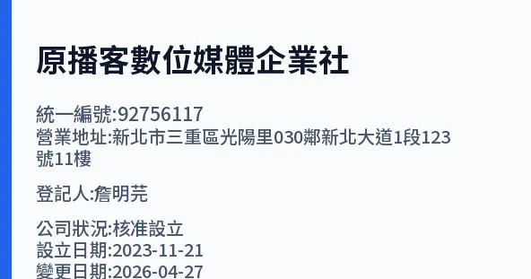 原播客數位媒體企業社的照片-統編 92756117(新北市) 公司登記資料與營業項目詳細圖表