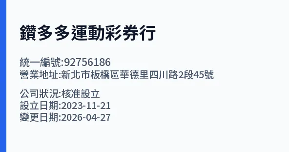 鑽多多運動彩券行的照片-統編 92756186(新北市) 公司登記資料與營業項目詳細圖表