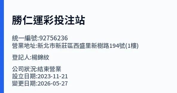 勝仁運彩投注站的照片-統編 92756236(新北市) 公司登記資料與營業項目詳細圖表