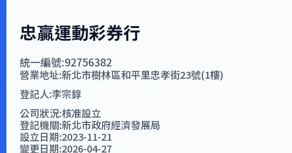 忠贏運動彩券行的照片-統編 92756382(新北市) 公司登記資料與營業項目詳細圖表