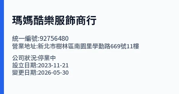 瑪媽酷樂服飾商行的照片-統編 92756480(新北市) 公司登記資料與營業項目詳細圖表