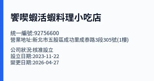 饗喫蝦活蝦料理小吃店的照片-統編 92756600(新北市) 公司登記資料與營業項目詳細圖表