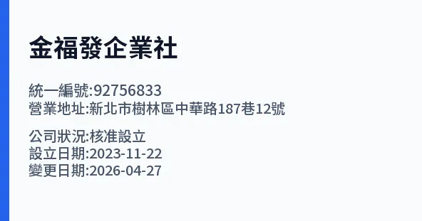 金福發企業社的照片-統編 92756833(新北市) 公司登記資料與營業項目詳細圖表