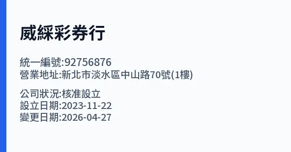 威綵彩券行的照片-統編 92756876(新北市) 公司登記資料與營業項目詳細圖表