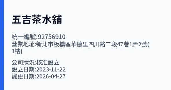 五吉茶水舖的照片-統編 92756910(新北市) 公司登記資料與營業項目詳細圖表