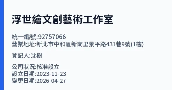 浮世繪文創藝術工作室的照片-統編 92757066(新北市) 公司登記資料與營業項目詳細圖表