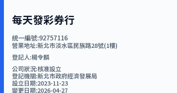 每天發彩券行的照片-統編 92757116(新北市) 公司登記資料與營業項目詳細圖表
