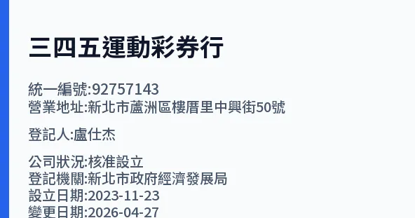三四五運動彩券行的照片-統編 92757143(新北市) 公司登記資料與營業項目詳細圖表