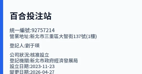 百合投注站的照片-統編 92757214(新北市) 公司登記資料與營業項目詳細圖表