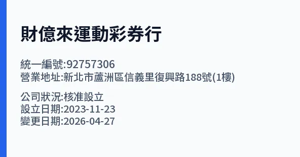 財億來運動彩券行的照片-統編 92757306(新北市) 公司登記資料與營業項目詳細圖表