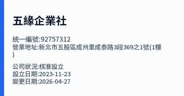 五緣企業社的照片-統編 92757312(新北市) 公司登記資料與營業項目詳細圖表