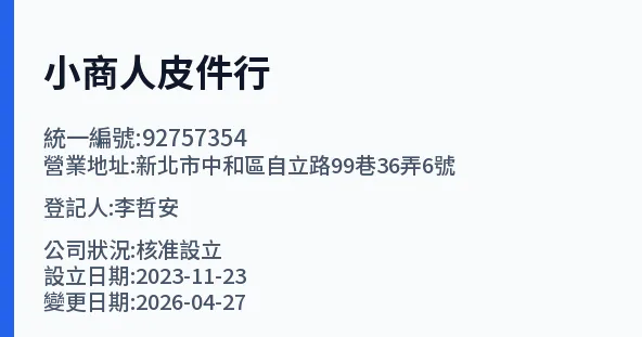 小商人皮件行的照片-統編 92757354(新北市) 公司登記資料與營業項目詳細圖表
