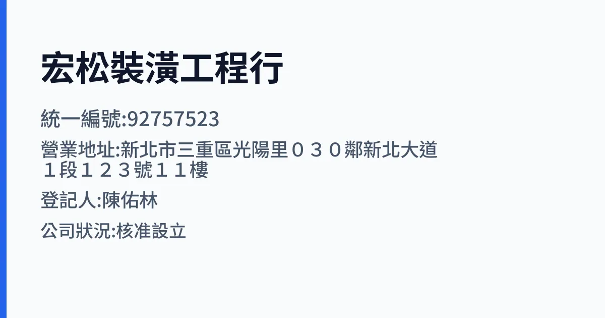 宏松裝潢工程行 - 統編 92757523(新北市) 公司登記資料與營業項目詳細圖表