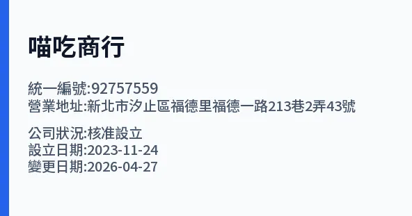 喵吃商行的照片-統編 92757559(新北市) 公司登記資料與營業項目詳細圖表