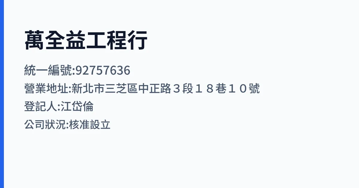 萬全益工程行 - 統編 92757636(新北市) 公司登記資料與營業項目詳細圖表
