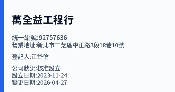 萬全益工程行的照片-統編 92757636(新北市) 公司登記資料與營業項目詳細圖表