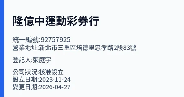 隆億中運動彩券行的照片-統編 92757925(新北市) 公司登記資料與營業項目詳細圖表