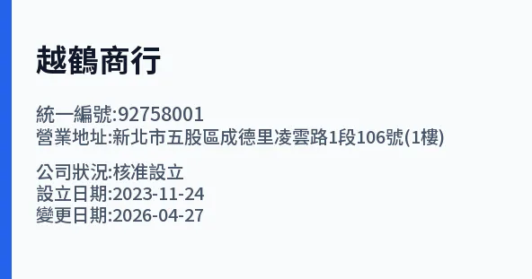 越鶴商行的照片-統編 92758001(新北市) 公司登記資料與營業項目詳細圖表
