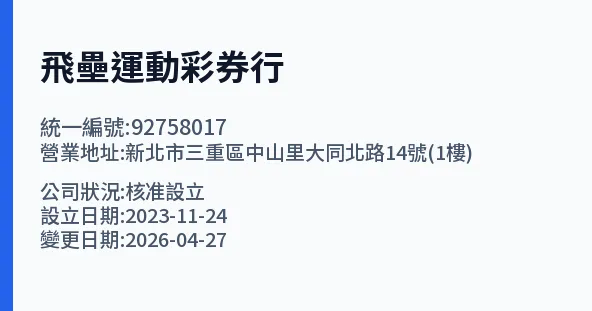 飛壘運動彩券行的照片-統編 92758017(新北市) 公司登記資料與營業項目詳細圖表