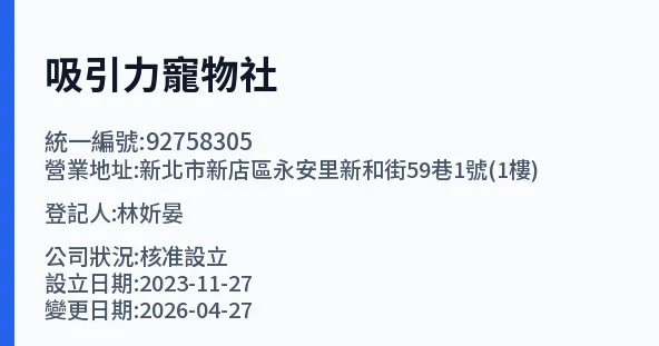 吸引力寵物社的照片-統編 92758305(新北市) 公司登記資料與營業項目詳細圖表