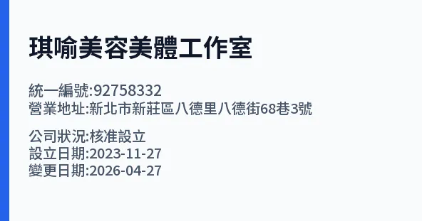 琪喻美容美體工作室的照片-統編 92758332(新北市) 公司登記資料與營業項目詳細圖表