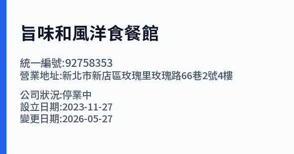 旨味和風洋食餐館的照片-統編 92758353(新北市) 公司登記資料與營業項目詳細圖表
