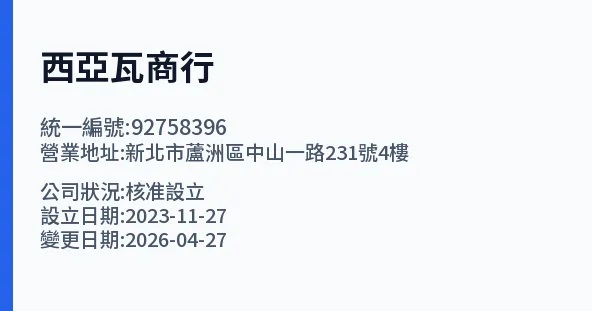 西亞瓦商行的照片-統編 92758396(新北市) 公司登記資料與營業項目詳細圖表