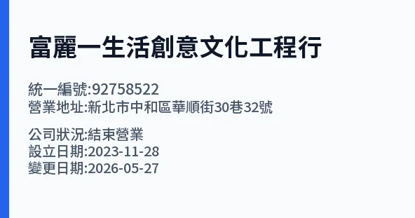 富麗一生活創意文化工程行的照片-統編 92758522(新北市) 公司登記資料與營業項目詳細圖表