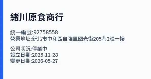 緒川原食商行的照片-統編 92758558(新北市) 公司登記資料與營業項目詳細圖表