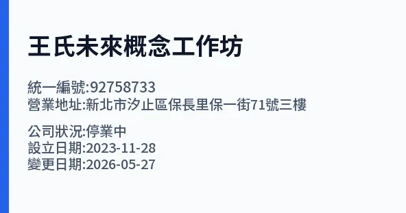 王氏未來概念工作坊的照片-統編 92758733(新北市) 公司登記資料與營業項目詳細圖表