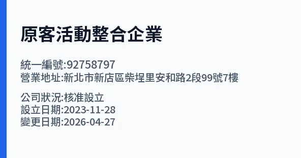 原客活動整合企業的照片-統編 92758797(新北市) 公司登記資料與營業項目詳細圖表
