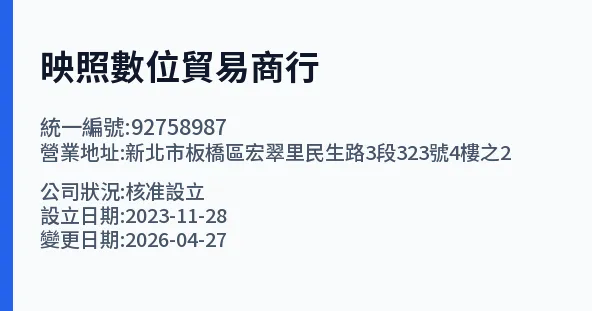 映照數位貿易商行的照片-統編 92758987(新北市) 公司登記資料與營業項目詳細圖表