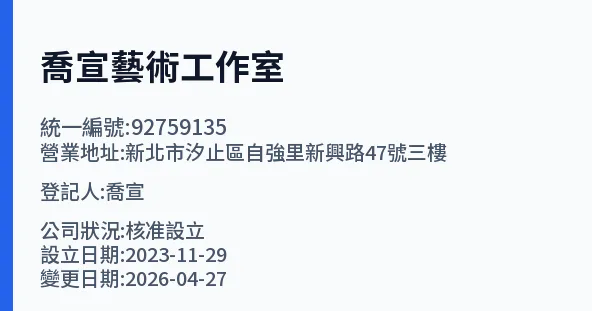 喬宣藝術工作室的照片-統編 92759135(新北市) 公司登記資料與營業項目詳細圖表
