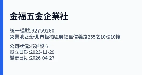 金福五金企業社的照片-統編 92759260(新北市) 公司登記資料與營業項目詳細圖表