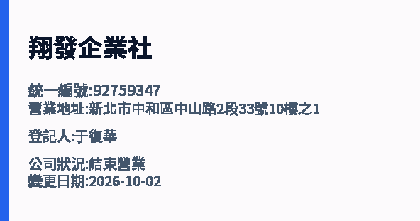 翔發企業社的照片-統編 92759347(新北市) 公司登記資料與營業項目詳細圖表