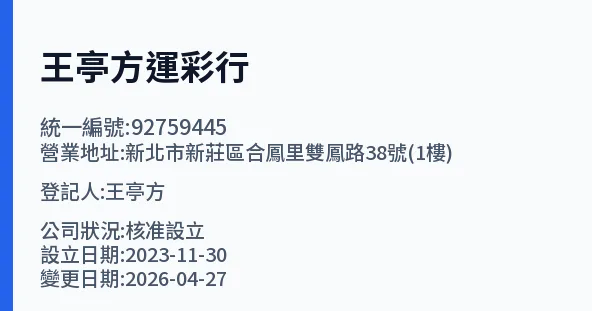 王亭方運彩行的照片-統編 92759445(新北市) 公司登記資料與營業項目詳細圖表