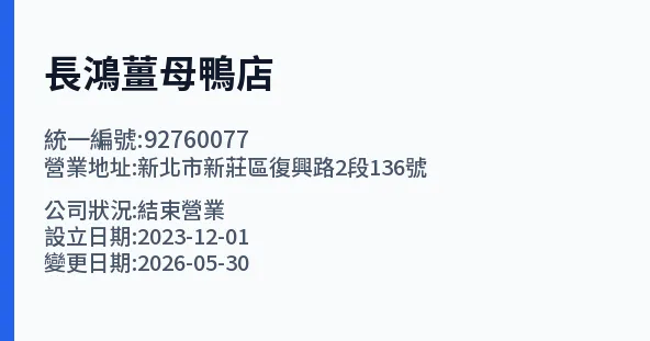 長鴻薑母鴨店的照片-統編 92760077(新北市) 公司登記資料與營業項目詳細圖表