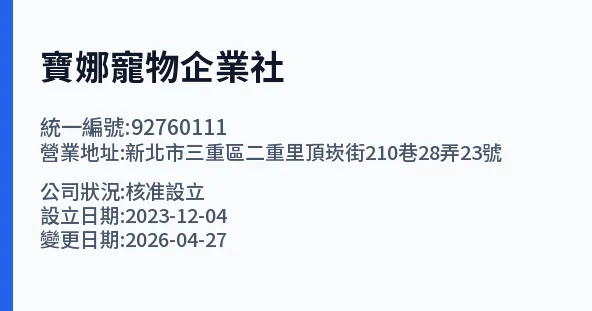寶娜寵物企業社的照片-統編 92760111(新北市) 公司登記資料與營業項目詳細圖表